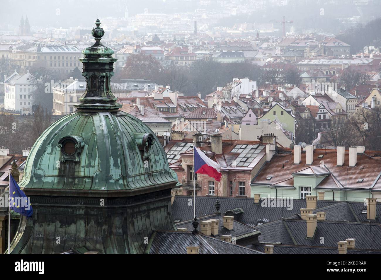 Seat of the Czech government with EU and Czech flags pictured in Prague ...
