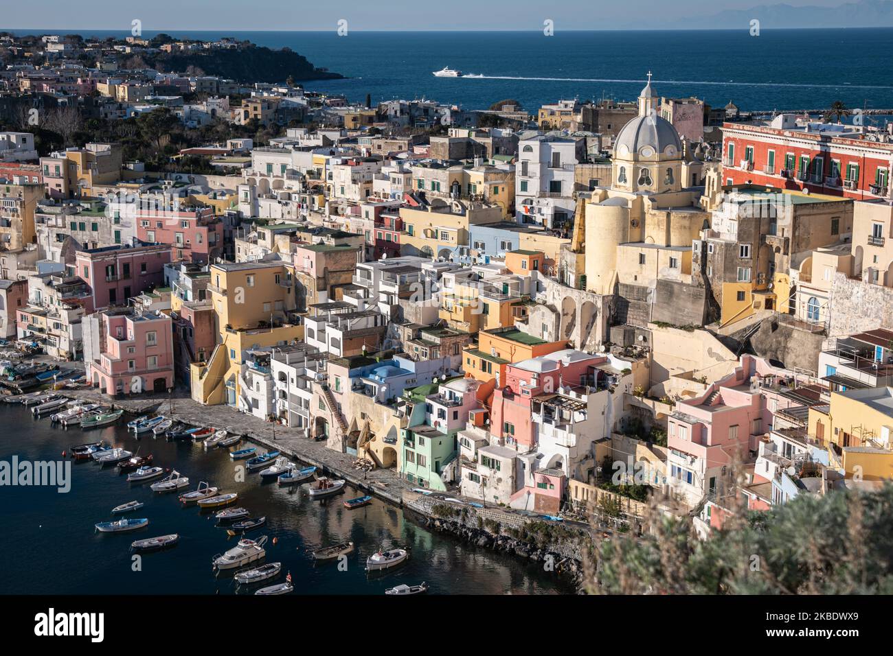 A panorama view of the historic old city of Procida, an island in the ...