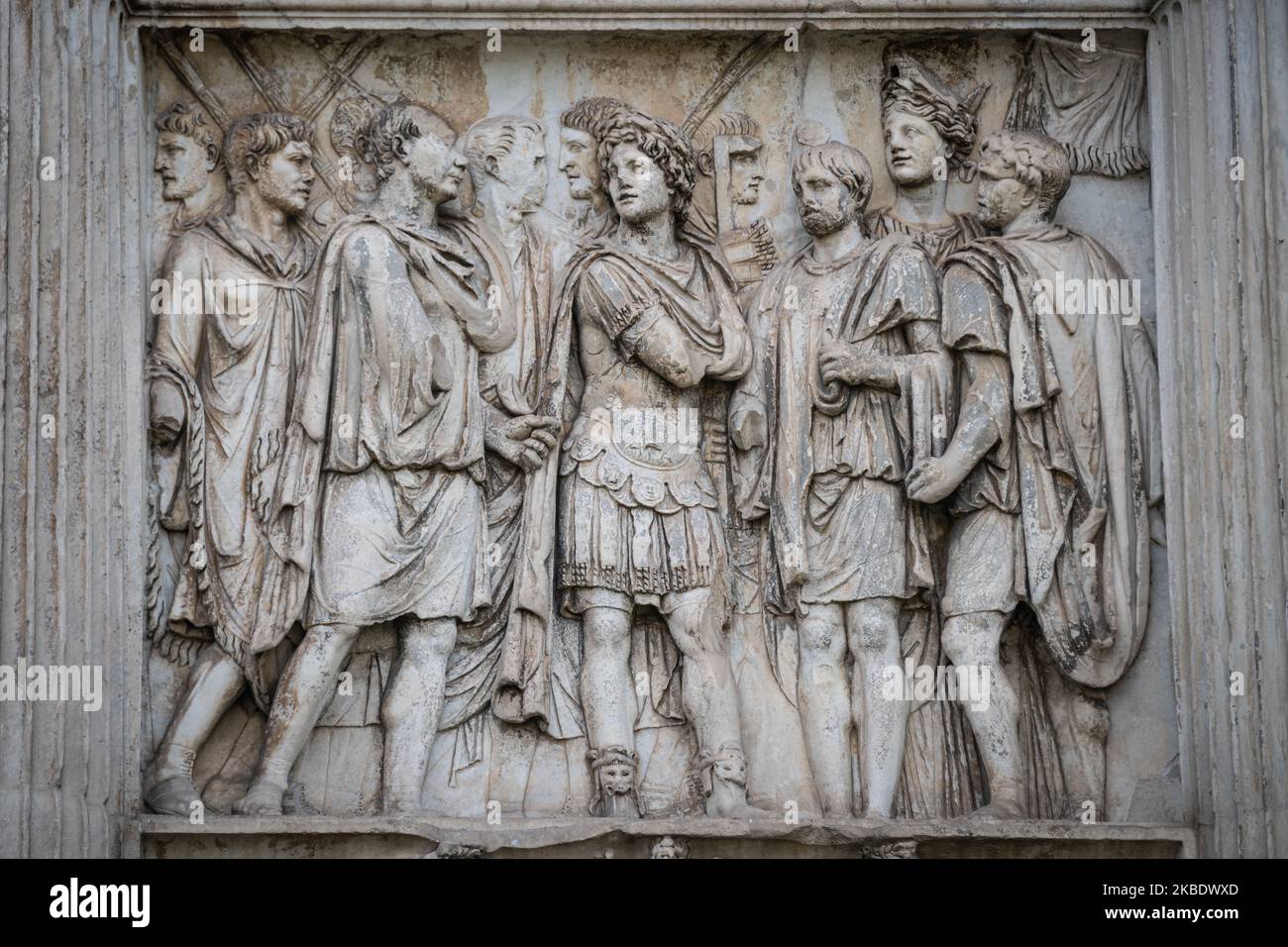 A sculpture scene on the Arch of Trajan, a historic Roman triumphal ...