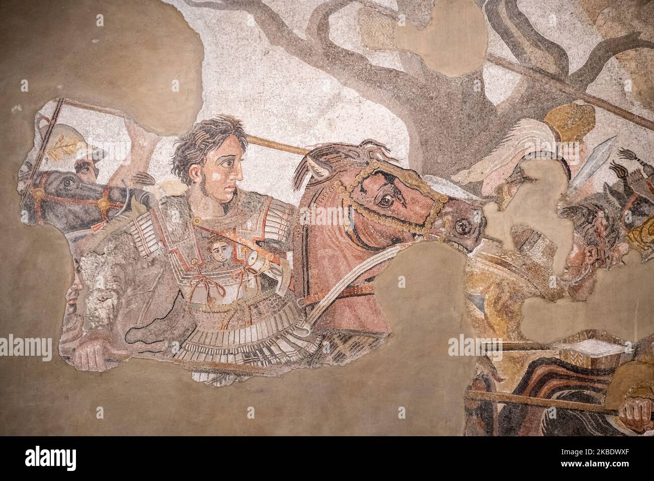 A Roman floor mosaic depicting a battle between Alexander the Great and ...