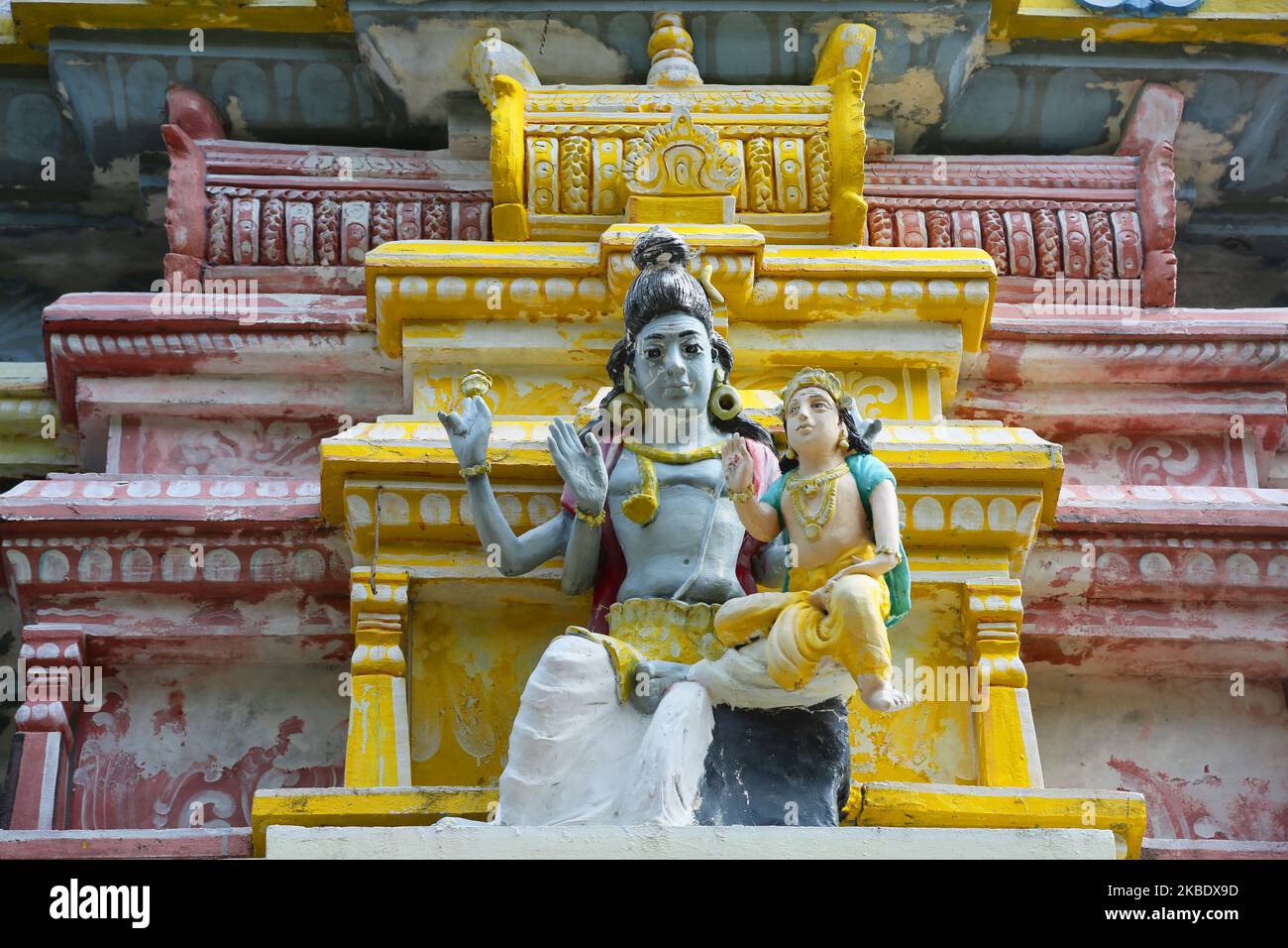 Figures of Hindu deities adorn the South Murugan Temple (South Murugan Kovil) on Analaitivu ...