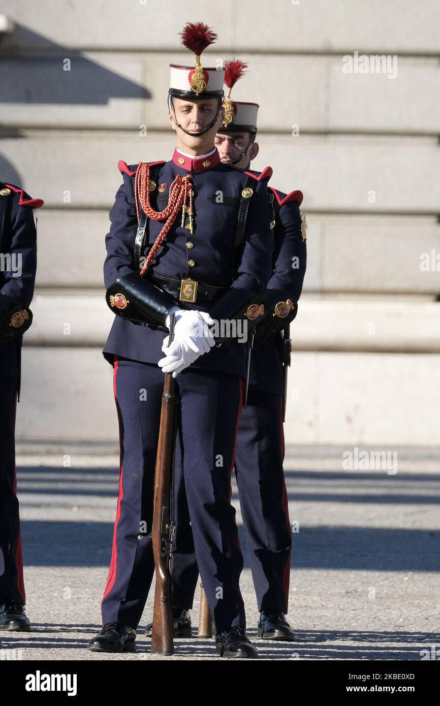 Spanish Royal Guards are on parade at parade ground of Royal Palace ...