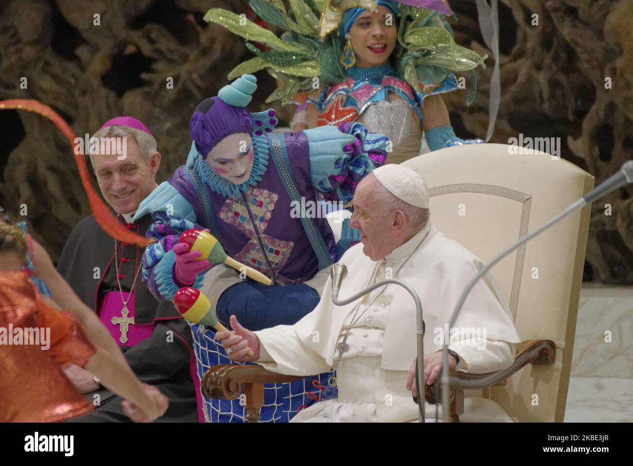 Pope Francis looks at artists of the "Aqua" Cuban circus during his ...