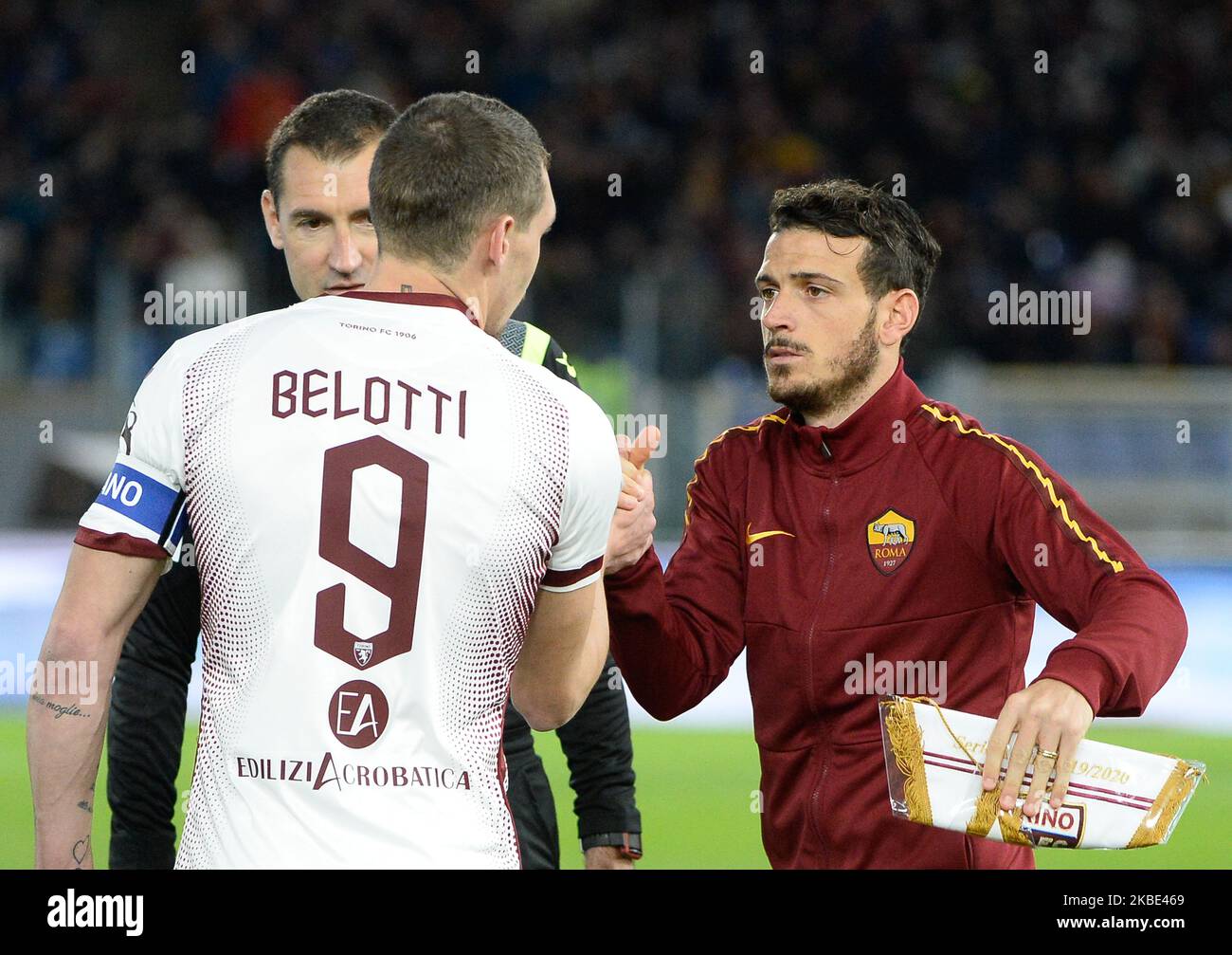Alessandro Florenzi, greets Andrea Belotti, during the Italian Serie A ...