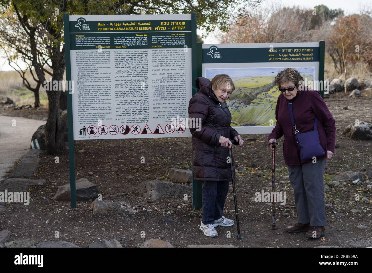 Two pilgrims at the entrance of the Gamla nature reserve that takes its ...