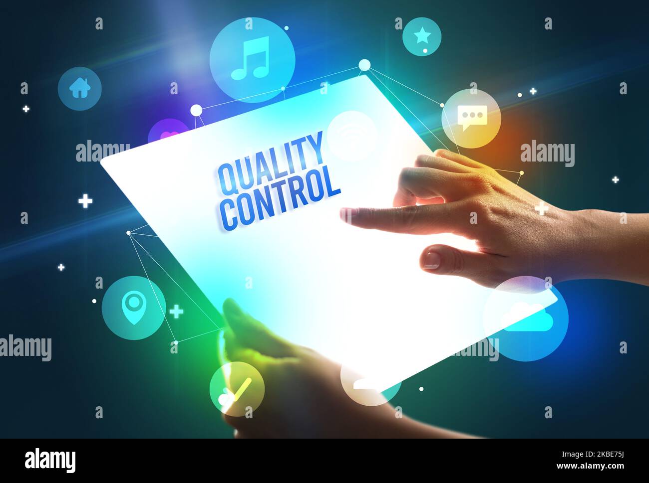 Holding futuristic tablet, new media concept Stock Photo - Alamy