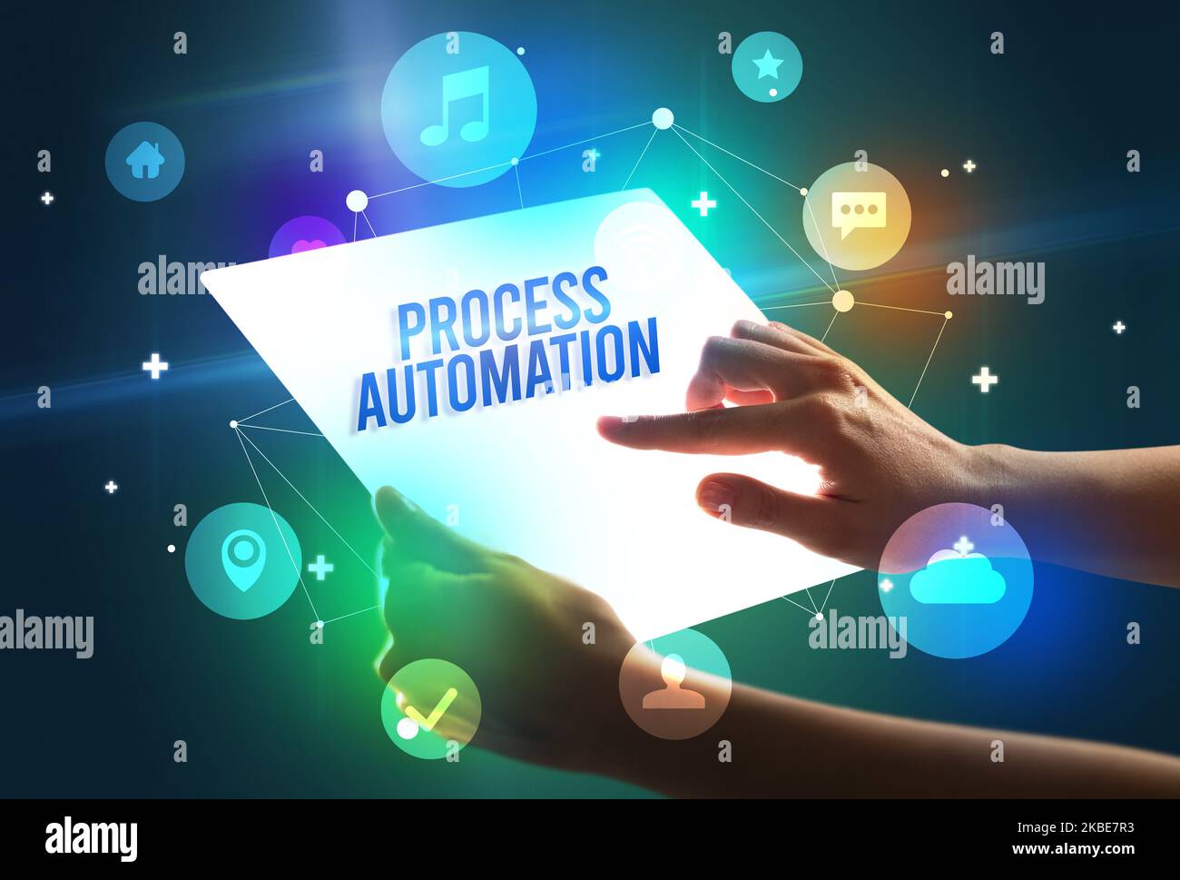 Holding futuristic tablet, new media concept Stock Photo - Alamy