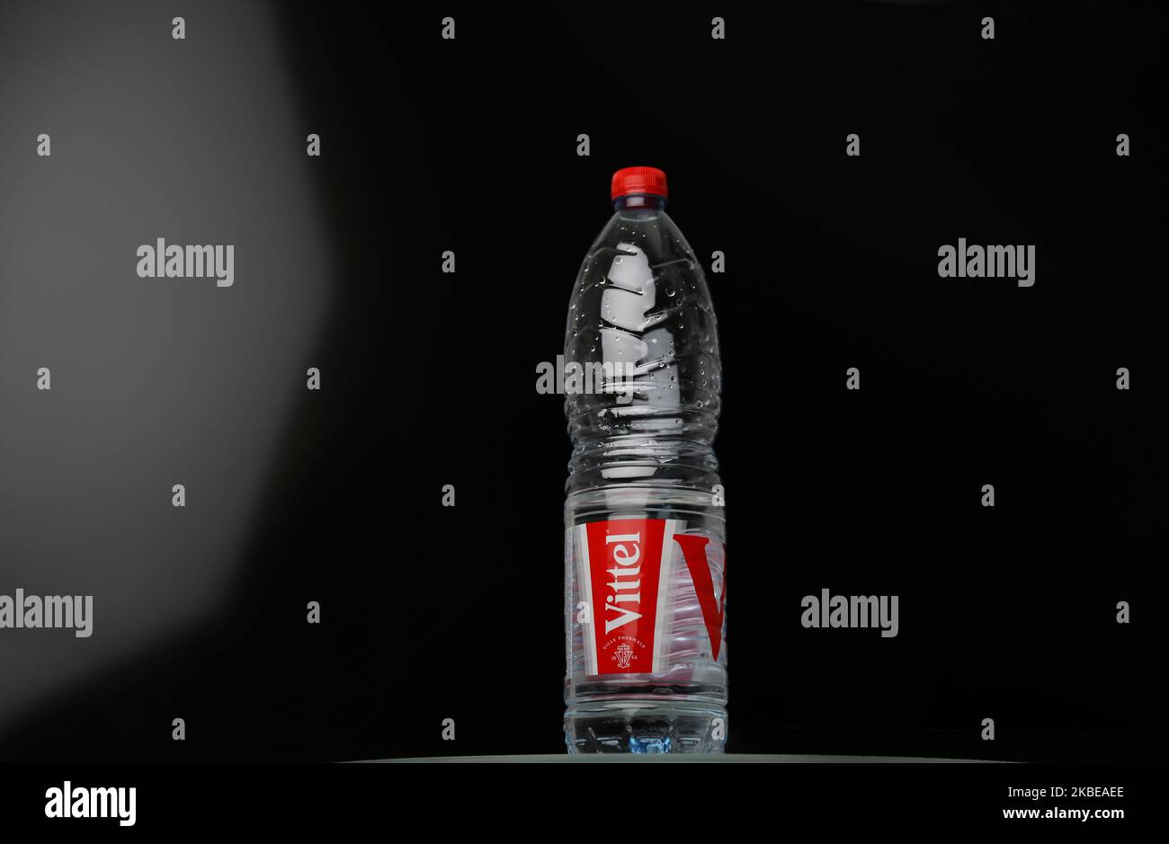 A logo of Vittel is seen in a bottle of water in Stuttgart, Germany on ...