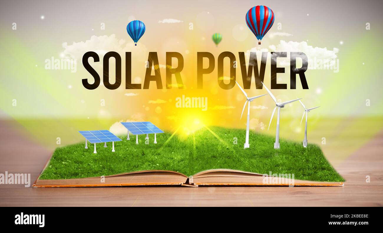 Open book, renewable energy concept Stock Photo - Alamy