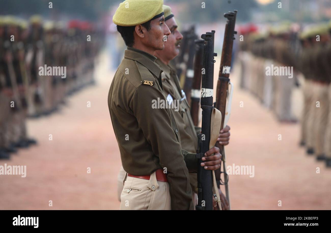 Personnel of Uttar Pradesh Police rehearse for the parade ahead of ...
