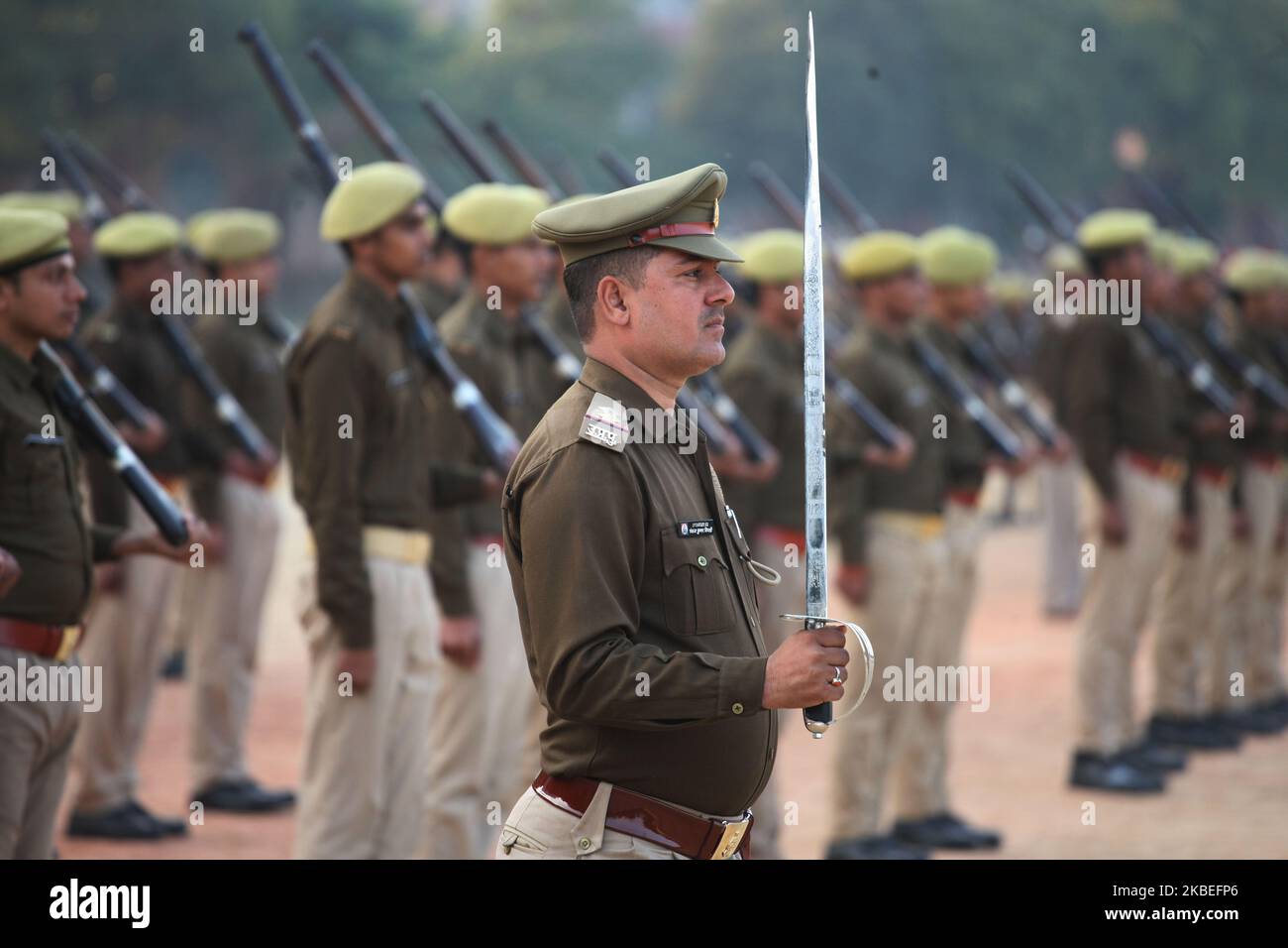 Personnel of Uttar Pradesh Police rehearse for the parade ahead of ...