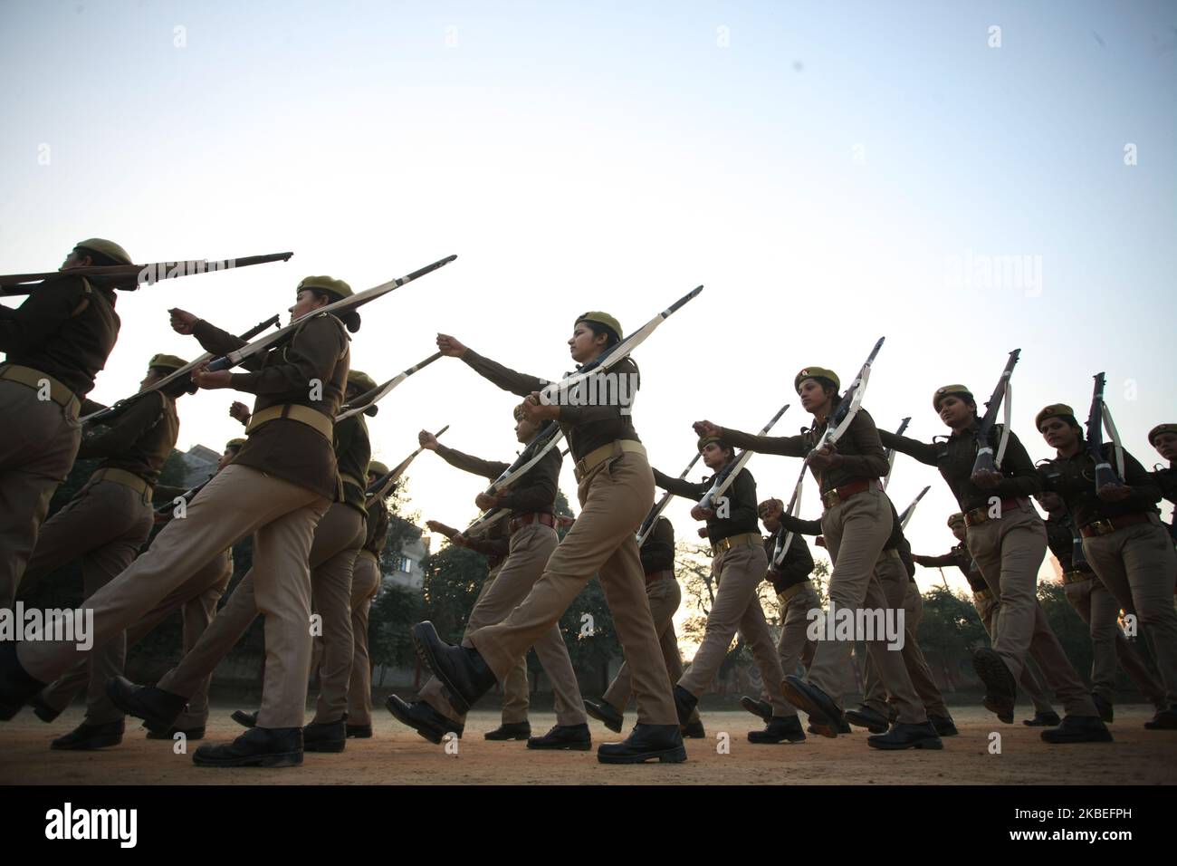 Personnel of Uttar Pradesh Police rehearse for the parade ahead of ...