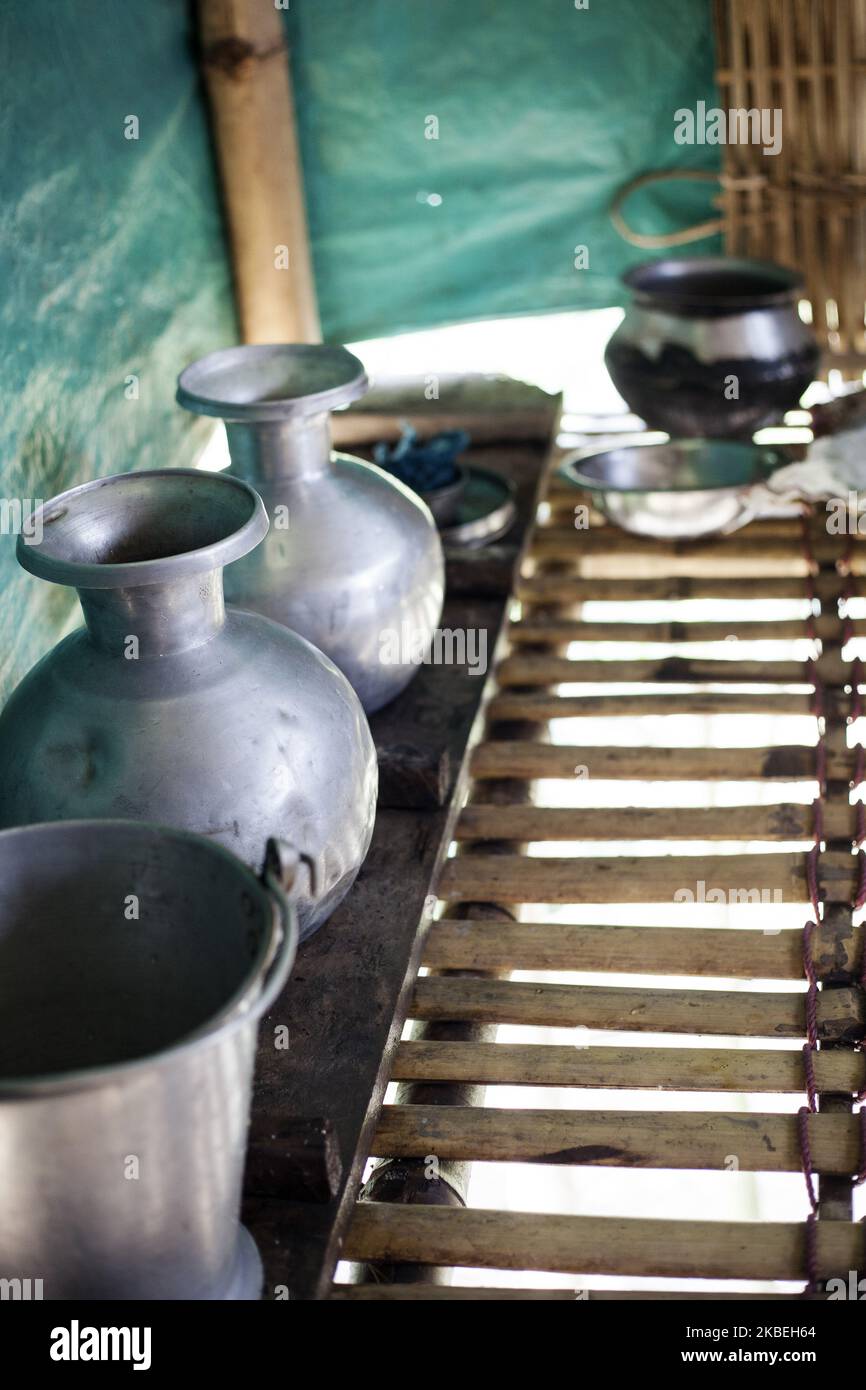 Traditional Assamese kitchen of a bamboo house pictured at Majuli island, Assam, India on 6 ...