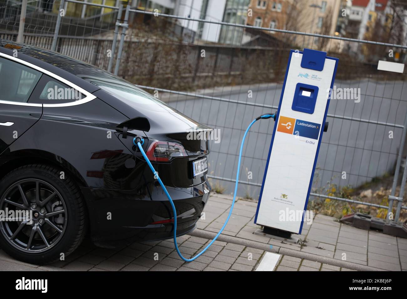 An electronic car in an electric fueling station in Stuttgart, Germany ...