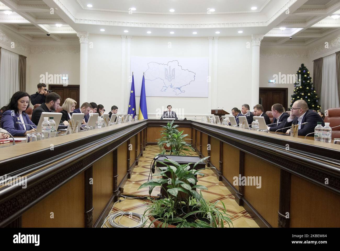 Prime Minister of Ukraine Oleksiy Honcharuk (C) and Ministers take part ...