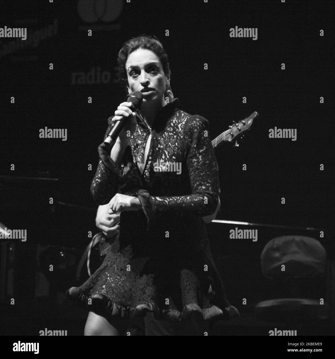 (EDITOR'S NOTE: Image was converted to black and white) Israeli singer ...