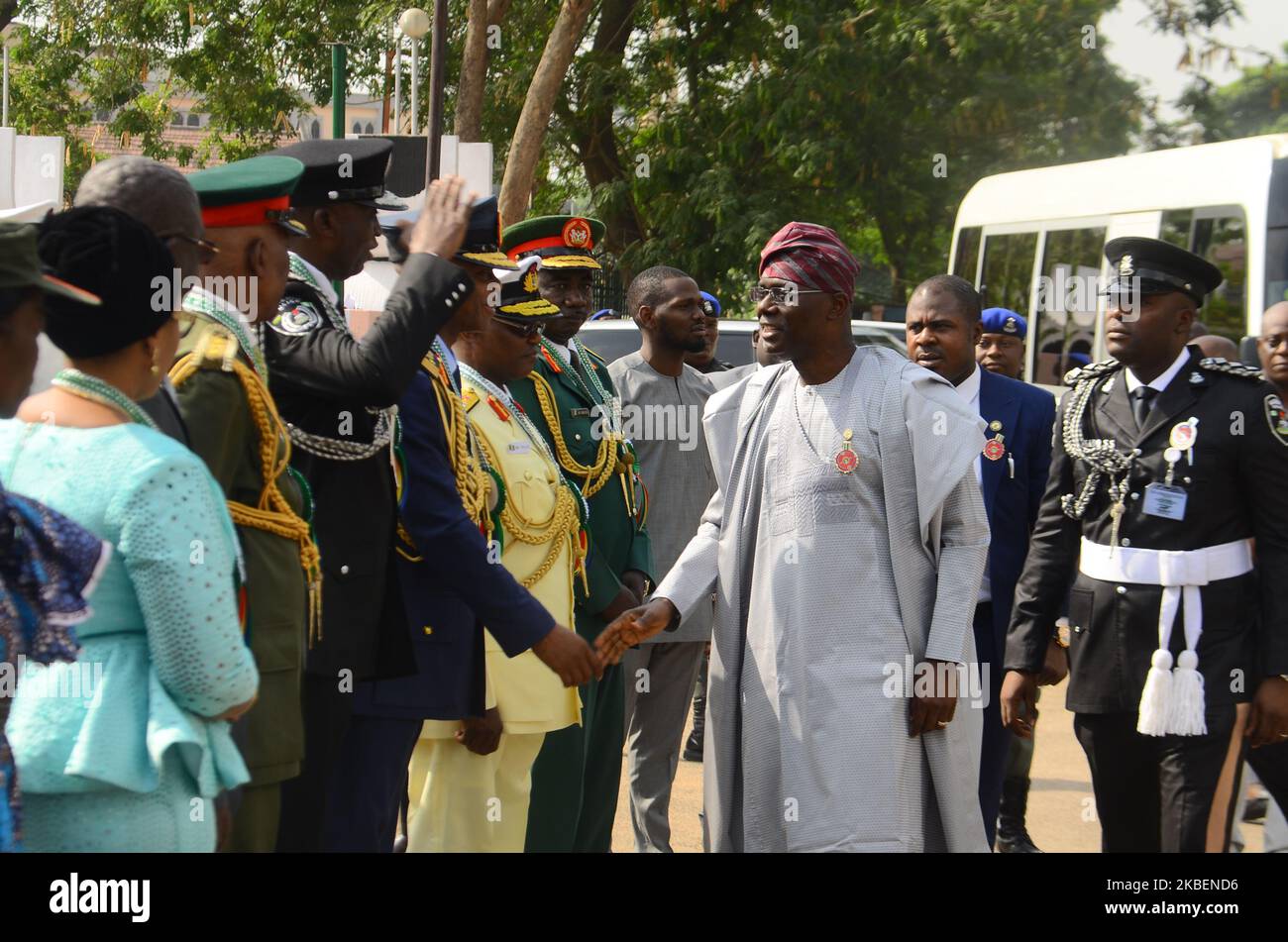 Lagos State Governor Babajide Sonwo-Olu (C) arriving at the military arcade during a ceremony ...