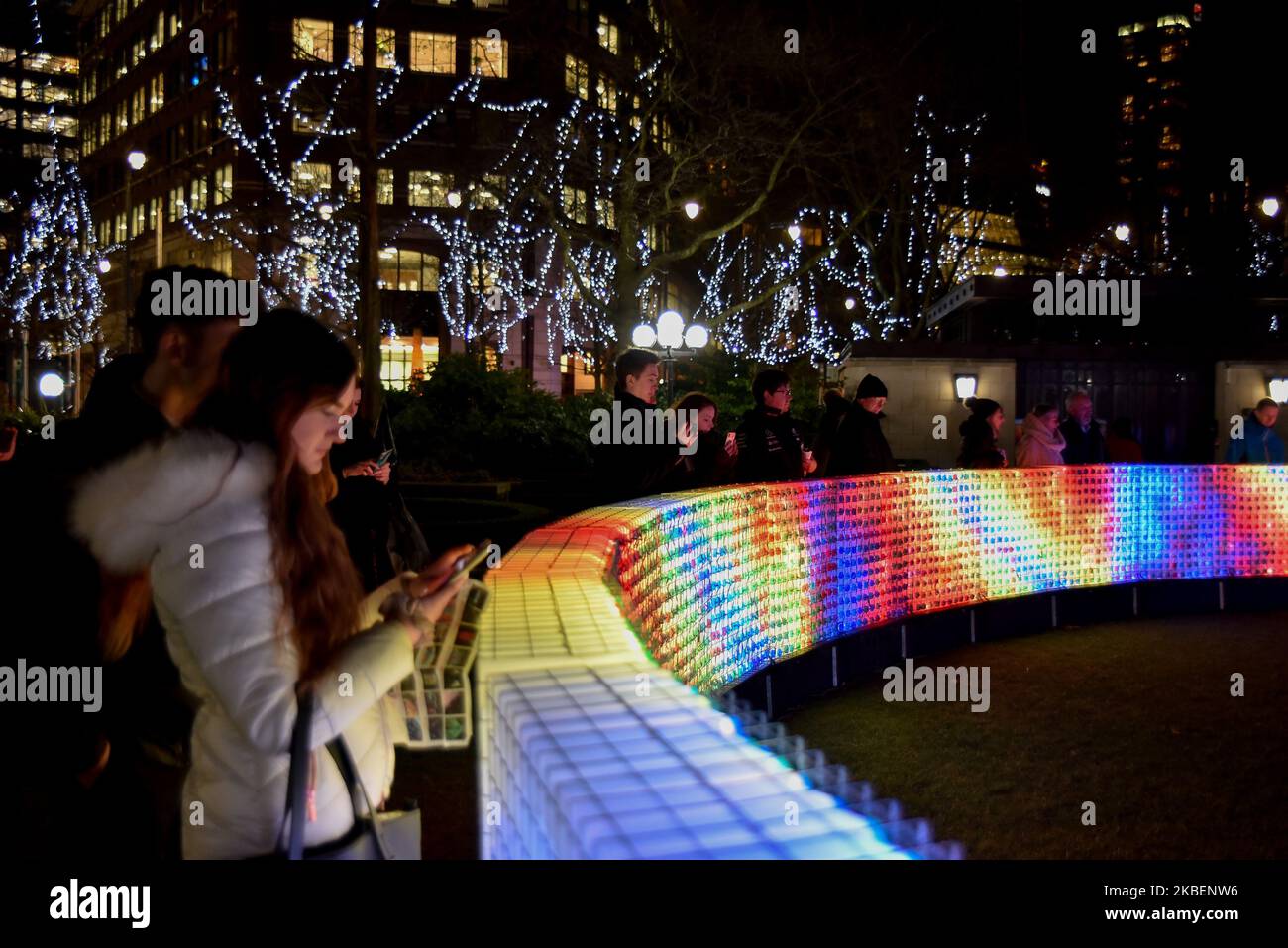 Lights installation are seen in the financial district of Canary Wharf ...