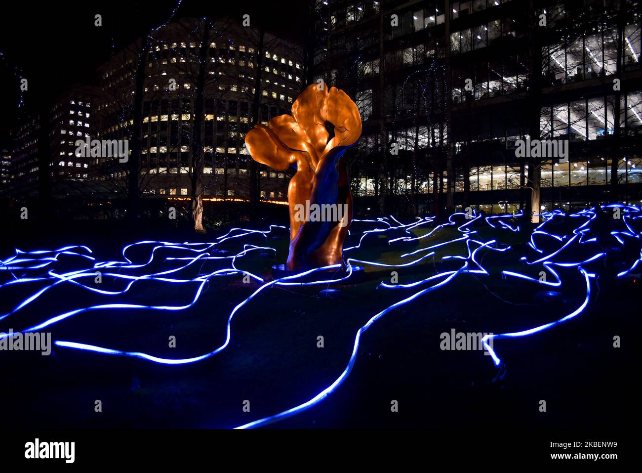 Lights installation are seen in the financial district of Canary Wharf ...