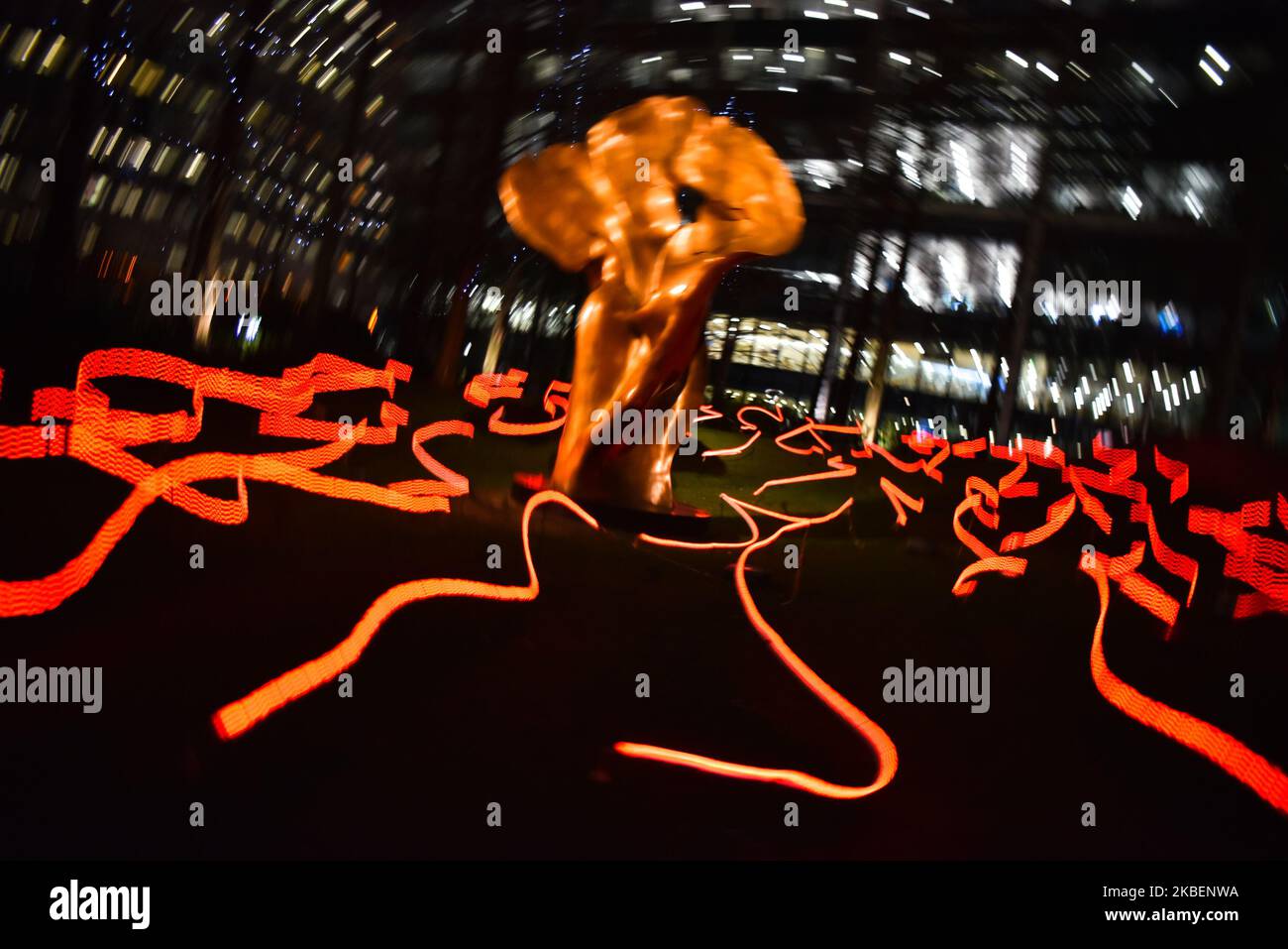 Lights installation are seen in the financial district of Canary Wharf ...