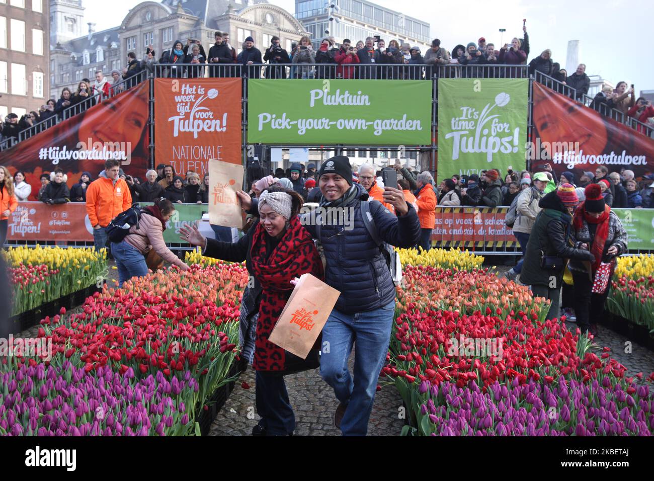 People attend National Tulip Day in front of the Royal Palace at the ...