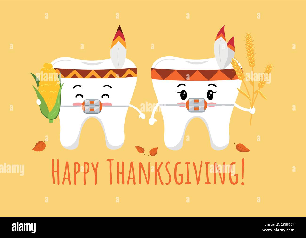 Thanksgiving tooth in braces in indian feather headband with corn and ...