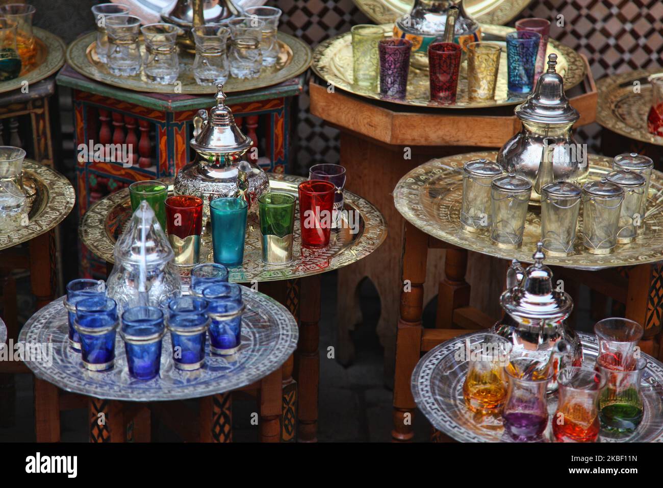 Traditional tea sets displayed at a small shop in the souk in the ...