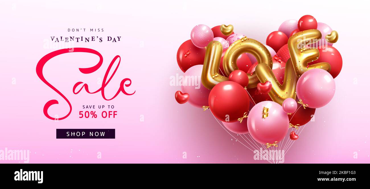 Valentine's day sale vector banner design. Love 3d text balloons flying ...