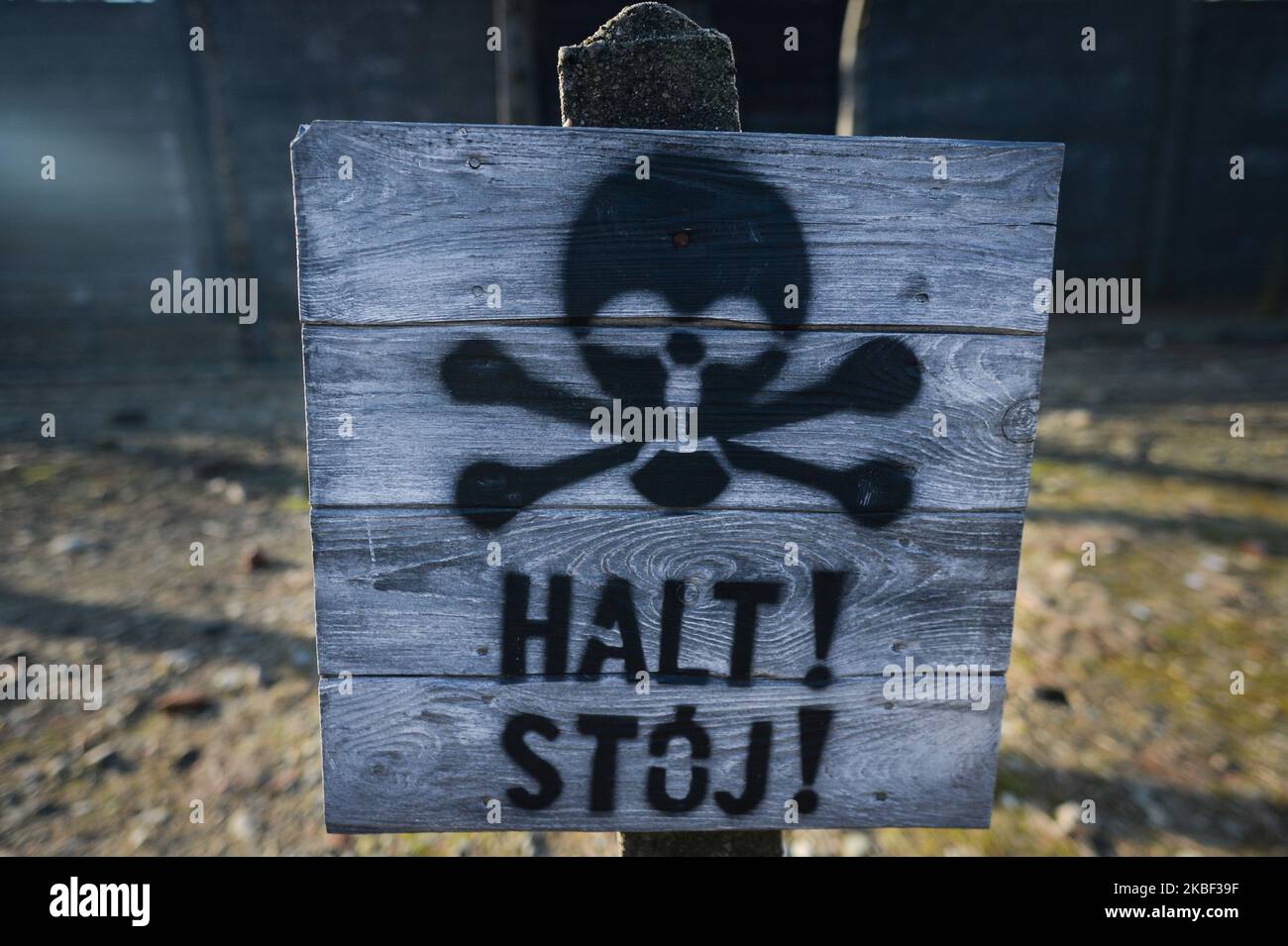 Halt! sign at Auschwitz I former Nazi concentration camp seen during a ...