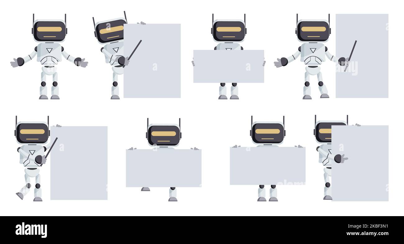 Artificial intelligence characters vector set. Robot teacher pointing and showing white board ...