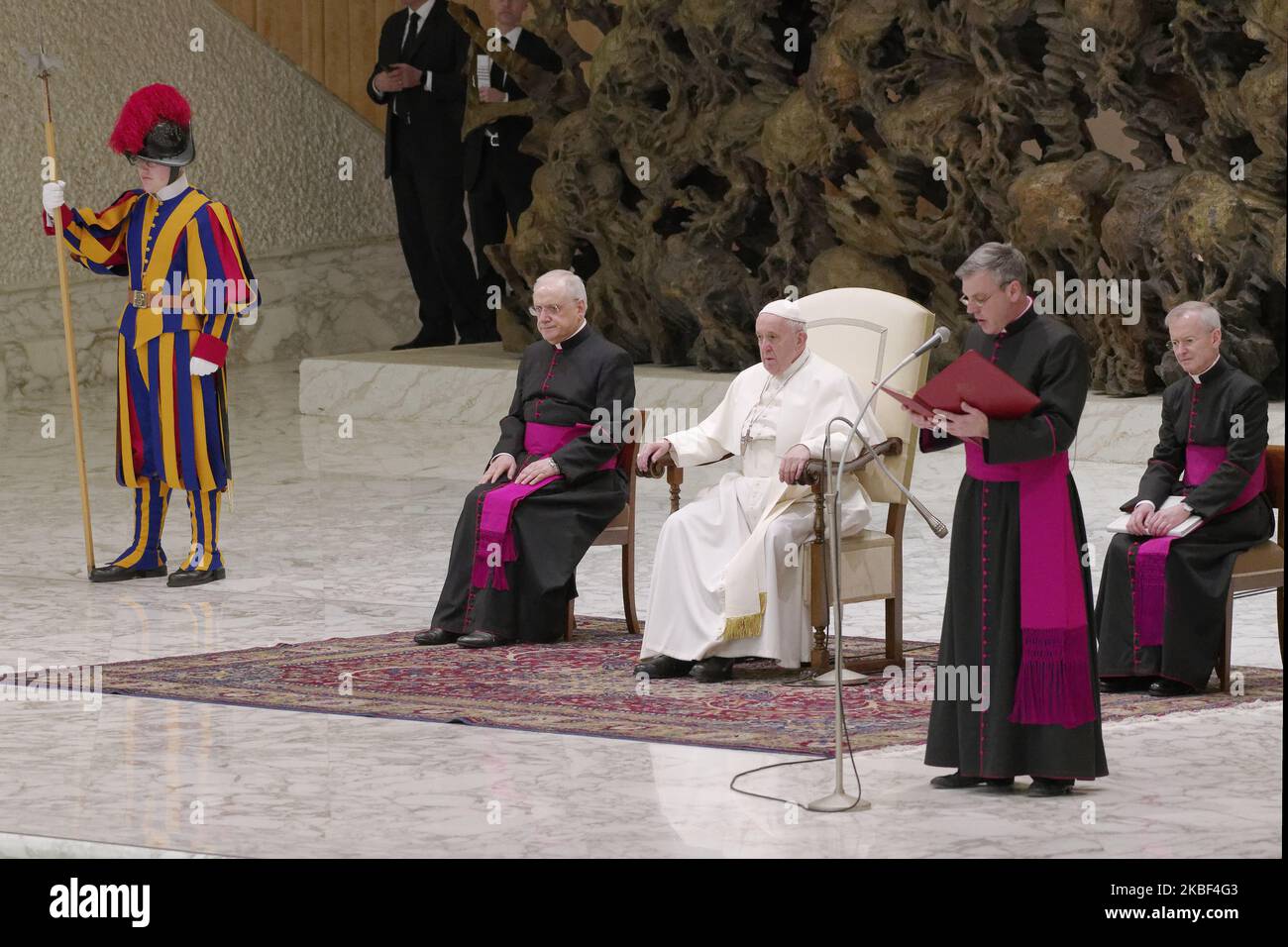 Pope Francis delivers his speech in the Paul VI Hall at the Vatican ...