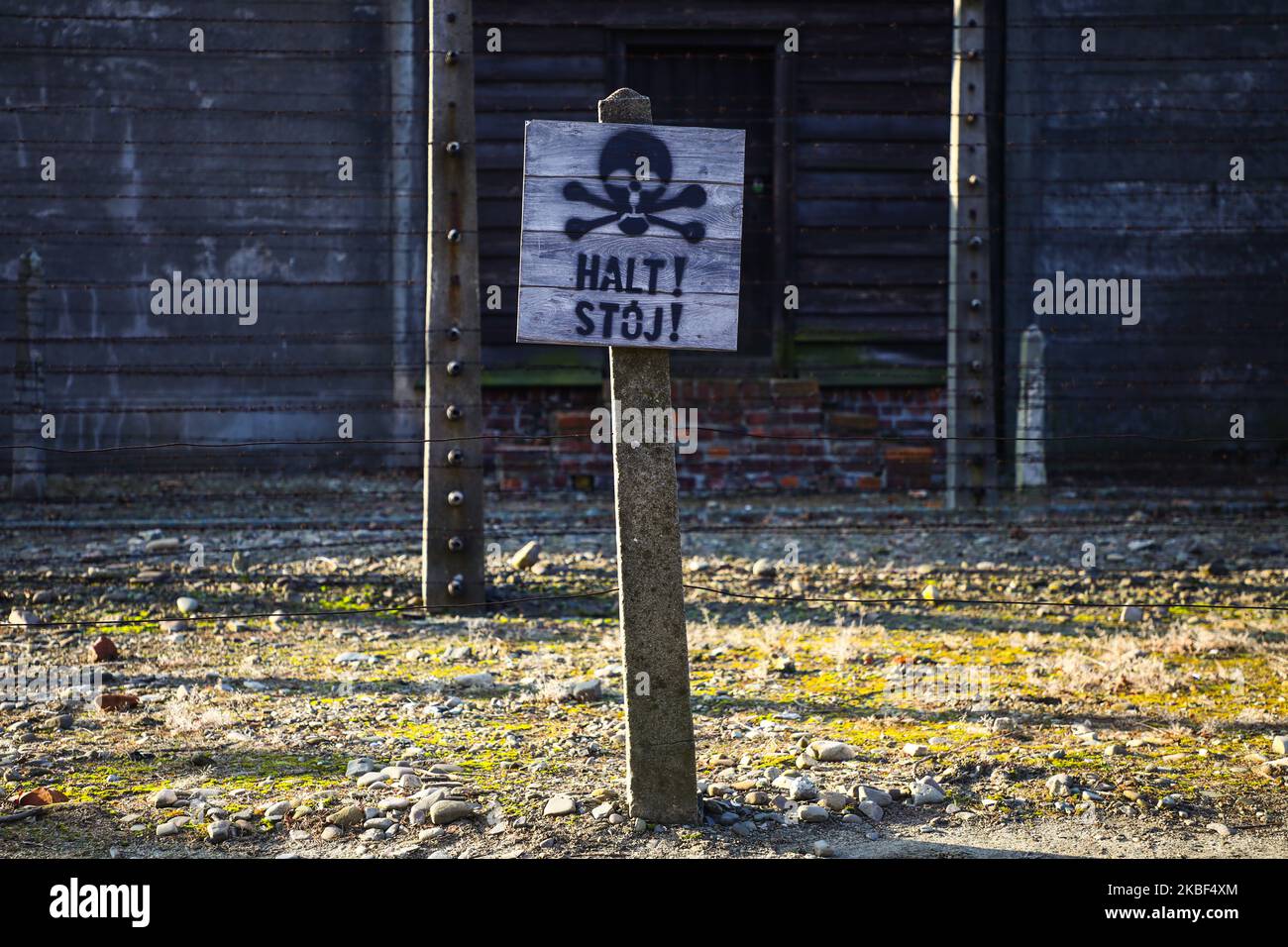 Halt! (Stop!) sign at the former Nazi-German Auschwitz I concentration ...