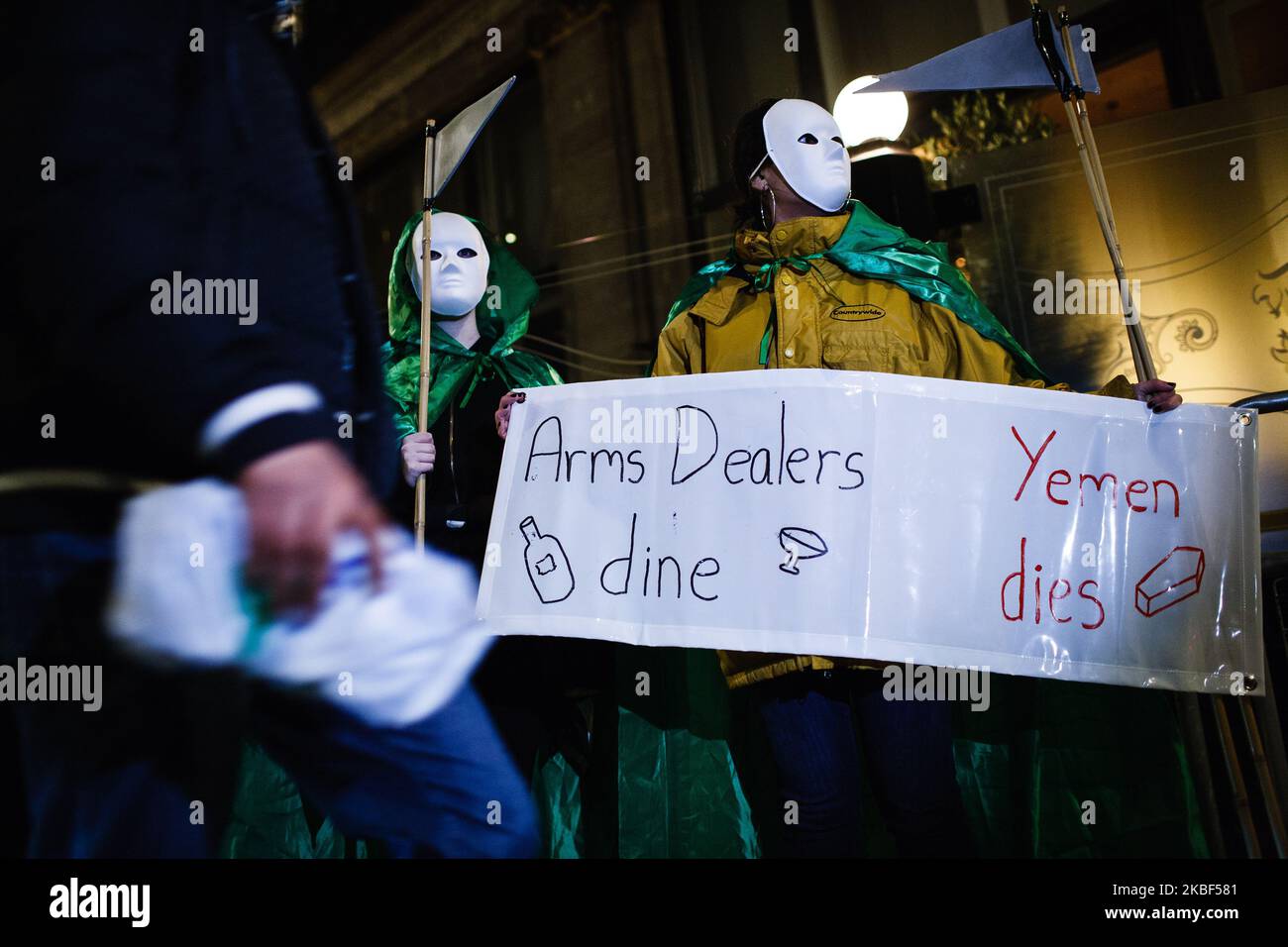 Anti-arms trade activists demonstrate outside the annual black-tie ...