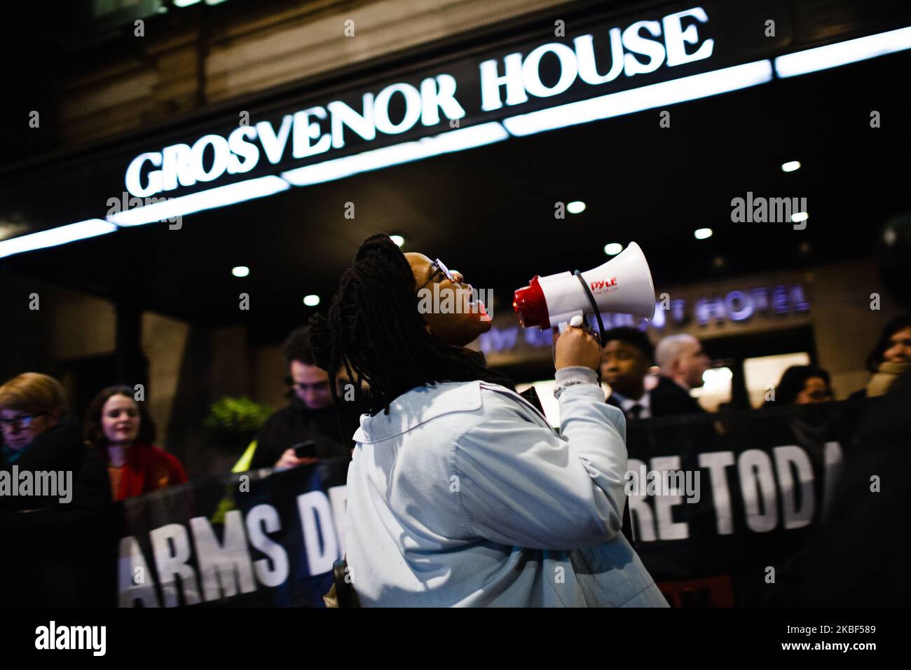 Anti-arms trade activists demonstrate outside the annual black-tie ...