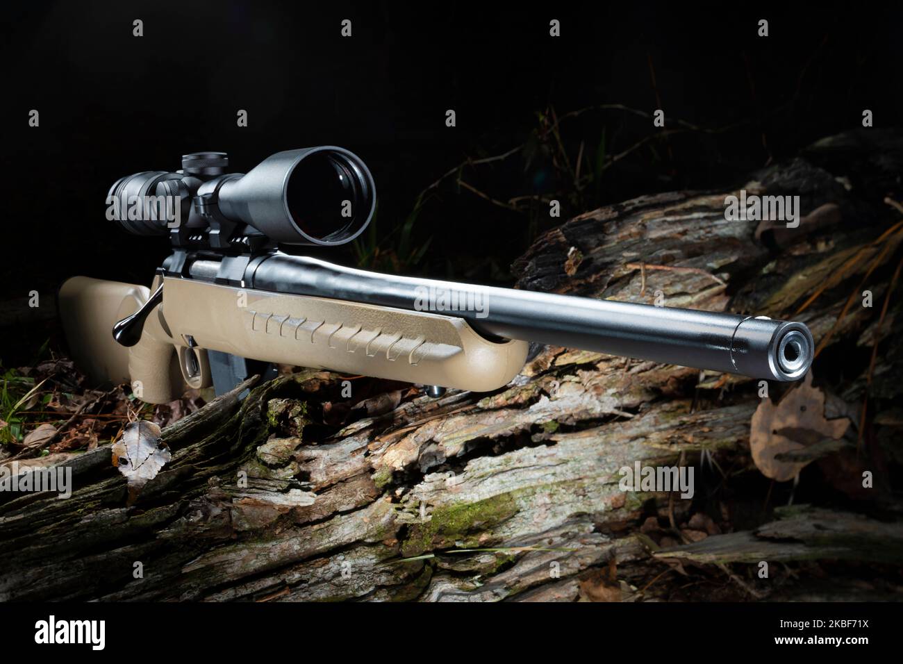 Bolt action centerfire hunting rifle in a dark forest with a scope ...