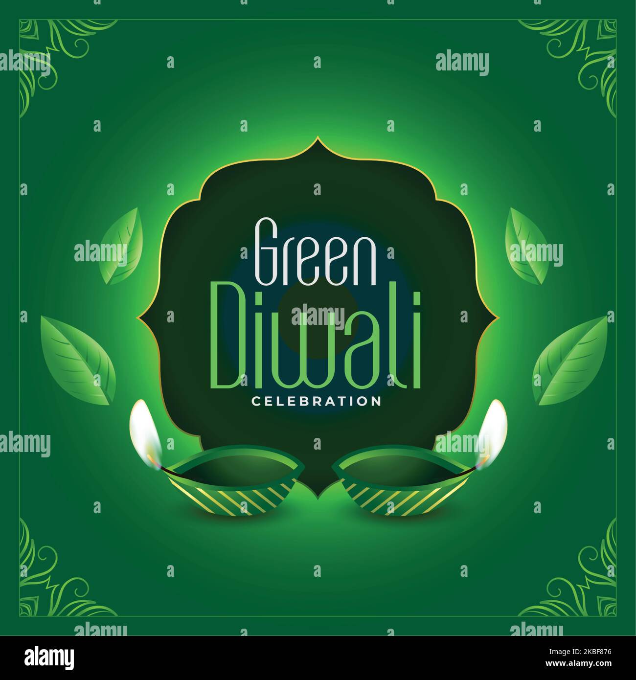 happy green diwali traditional background with diya and leaves design ...