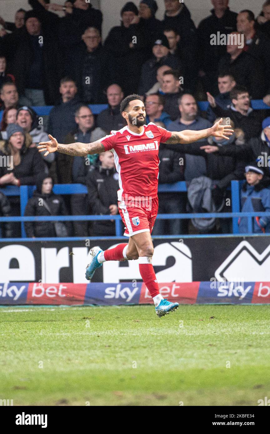 Jordan Roberts of Gillingham FC celebrates scoring his goal during the ...