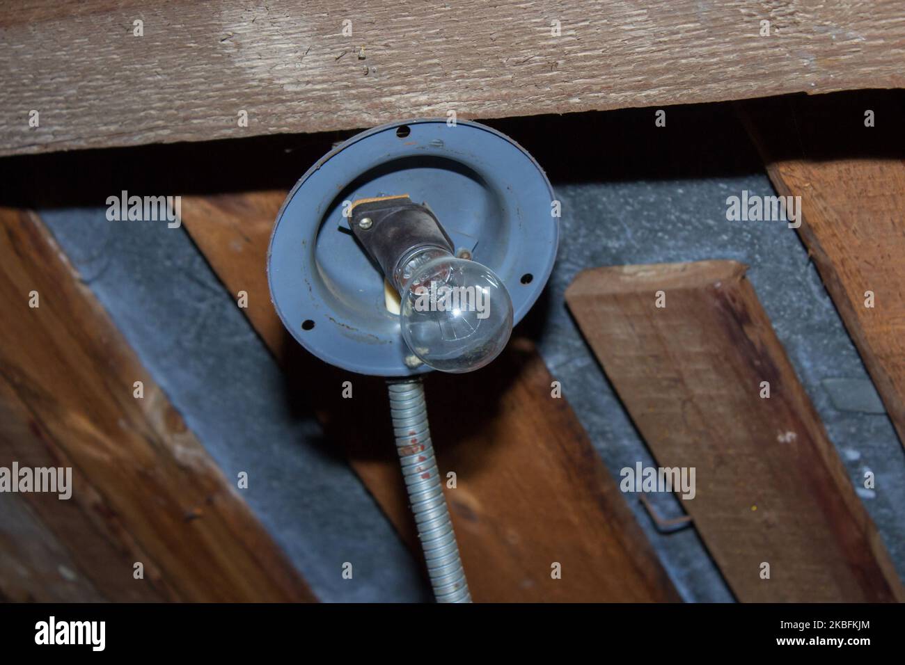under the roof in the attic of an old lamp hanging Stock Photo - Alamy