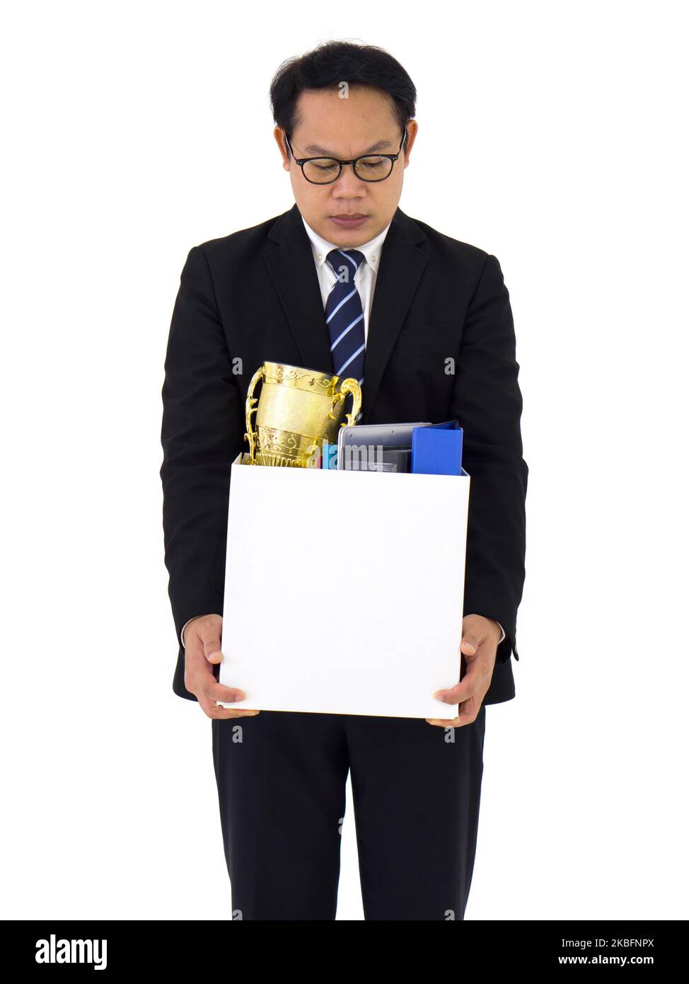 Asian senior manager in black suit feel sad, stressed and unhappy face ...