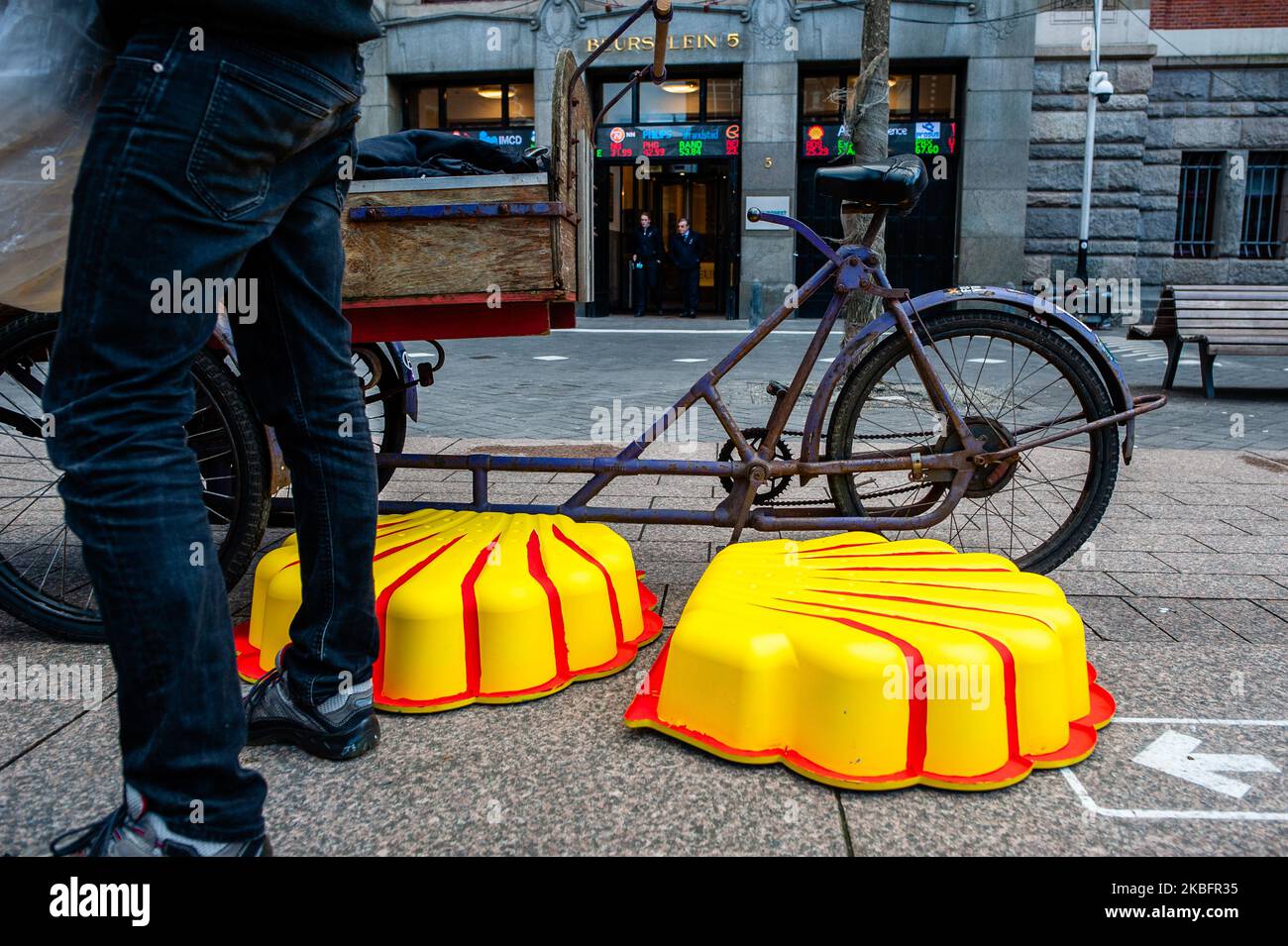 Two Shell logos are on the floor before the performance Shell must fall ...