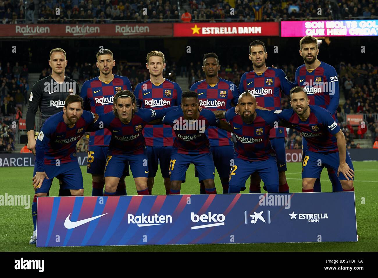 Barcelona line up (R-L) Andre Ter Stegen,Clement Lenglet, Frenkie de ...