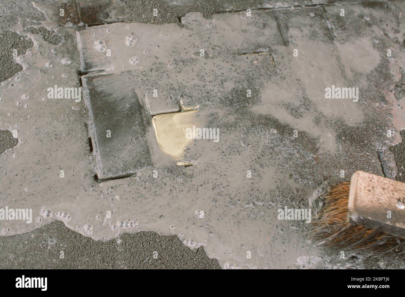 Detail of stumbling stones during the installation in Bonn, Germany on ...