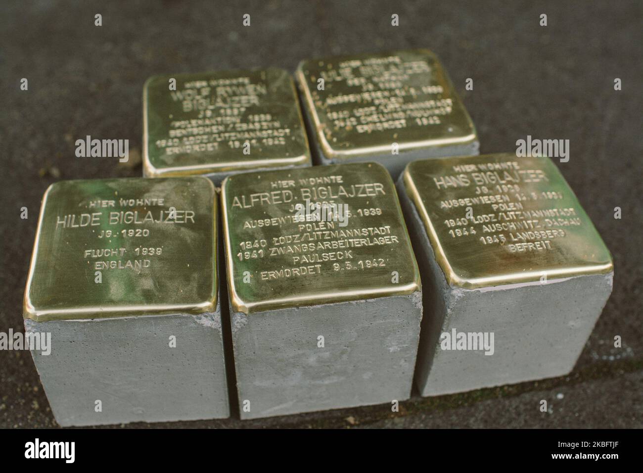 Five stumbling blocks are seen before laying to the pavement in Bonn ...