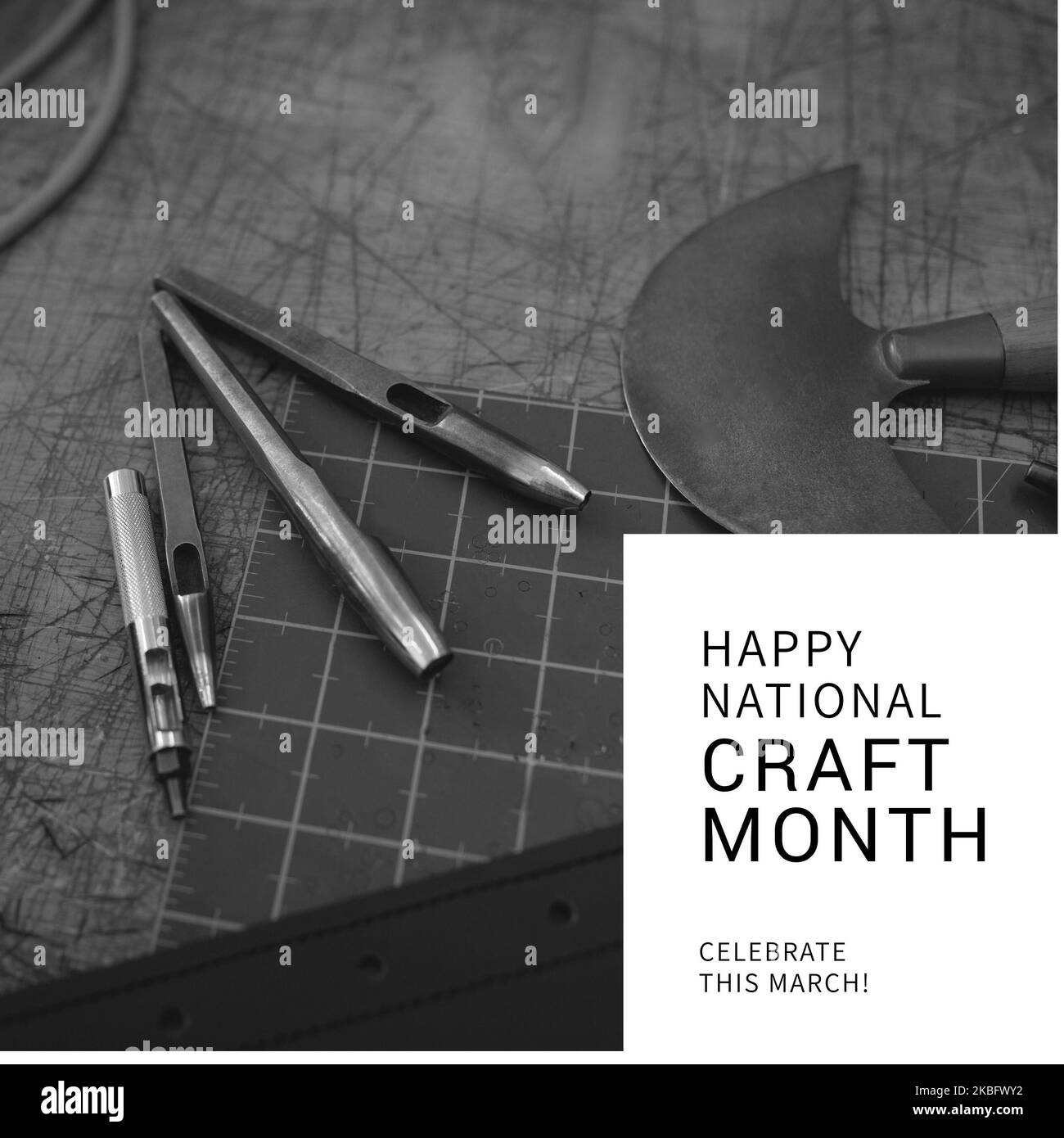Composition of national craft month text over tools in workshop Stock ...
