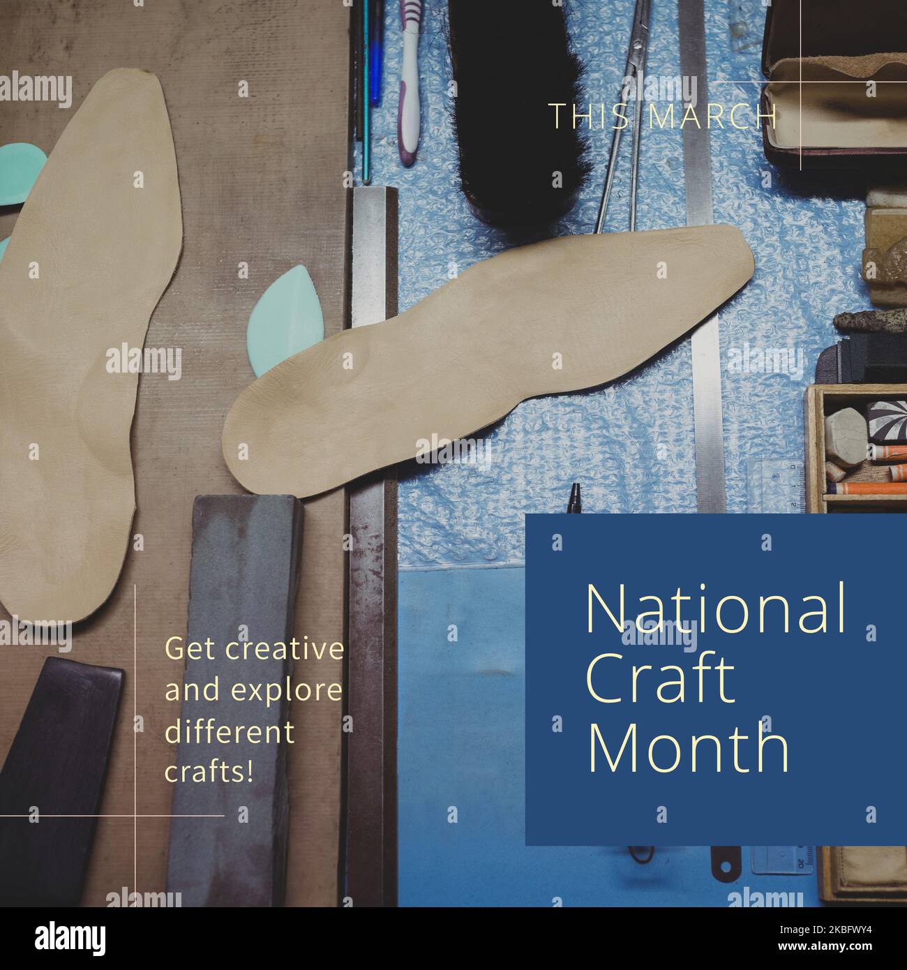 Composition of national craft month text over tools in workshop Stock ...