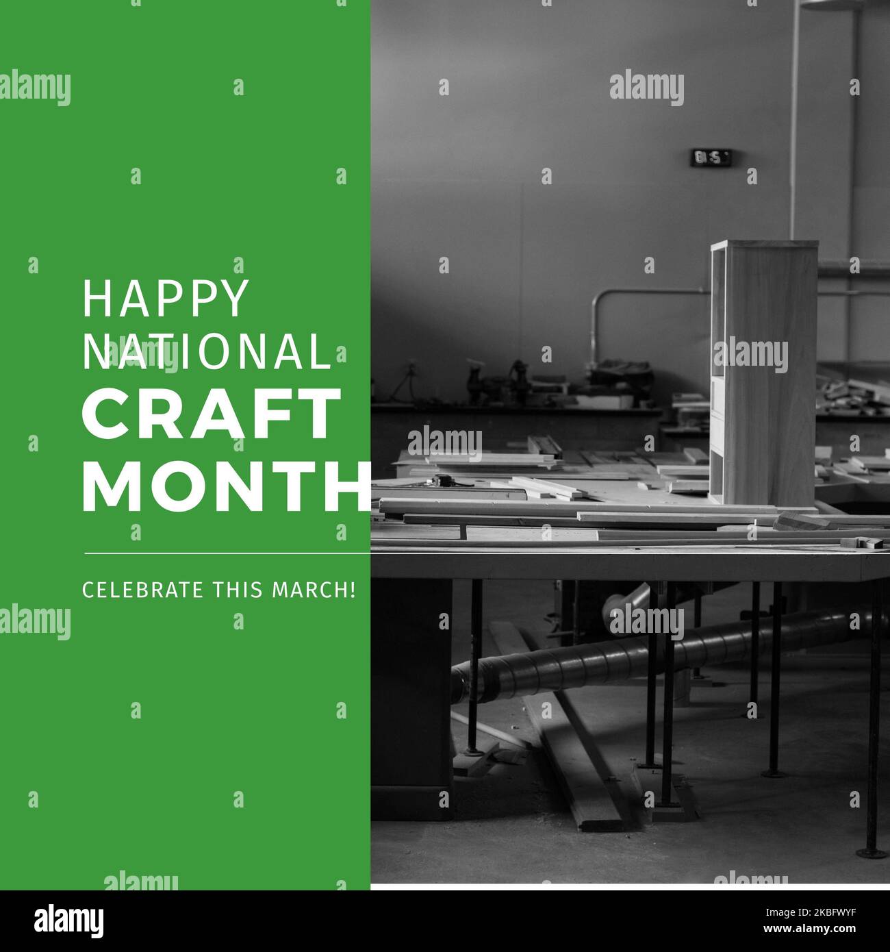 Composition of national craft month text over workshop Stock Photo - Alamy
