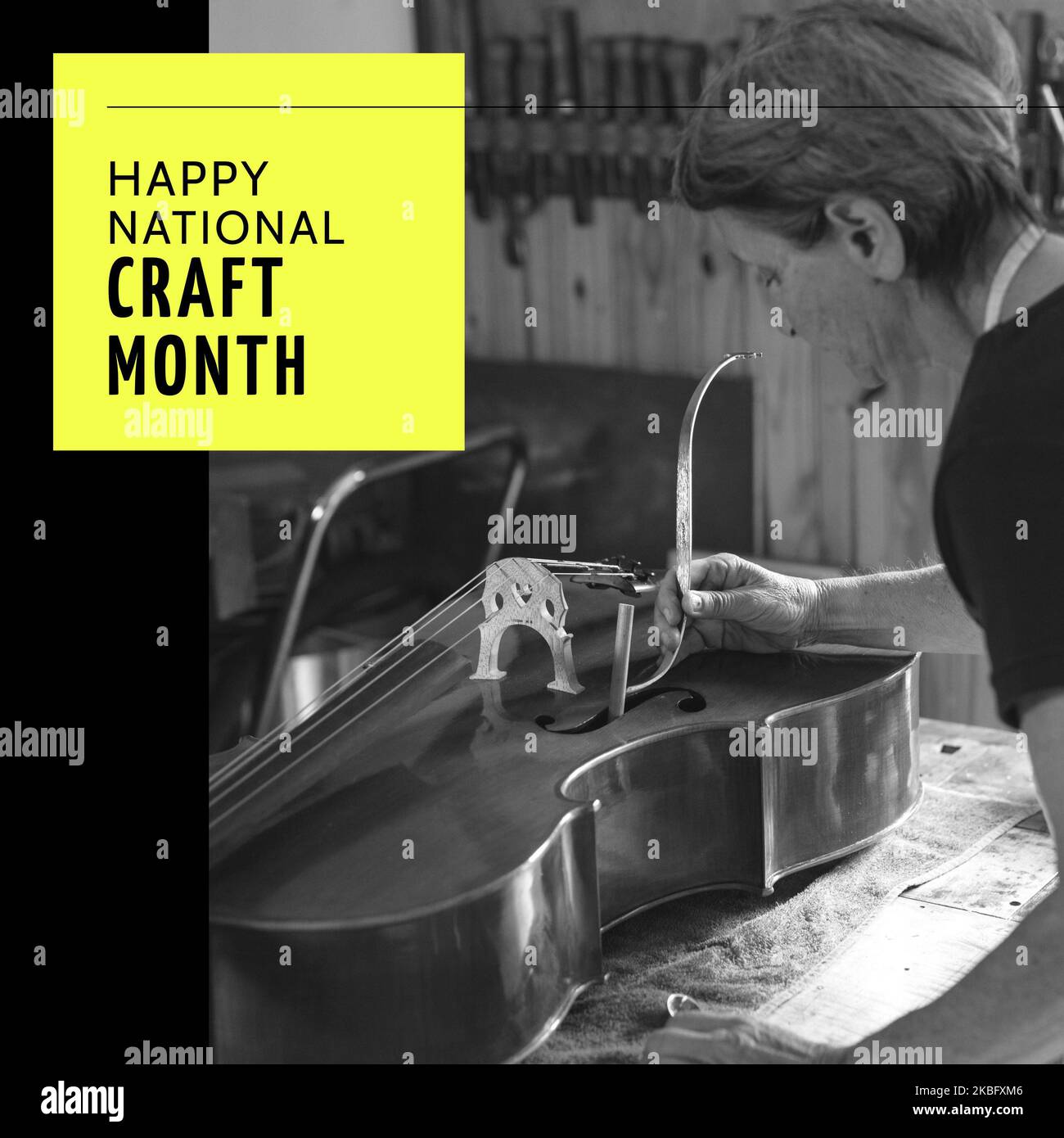 Composition of national craft month text over female cello maker in ...