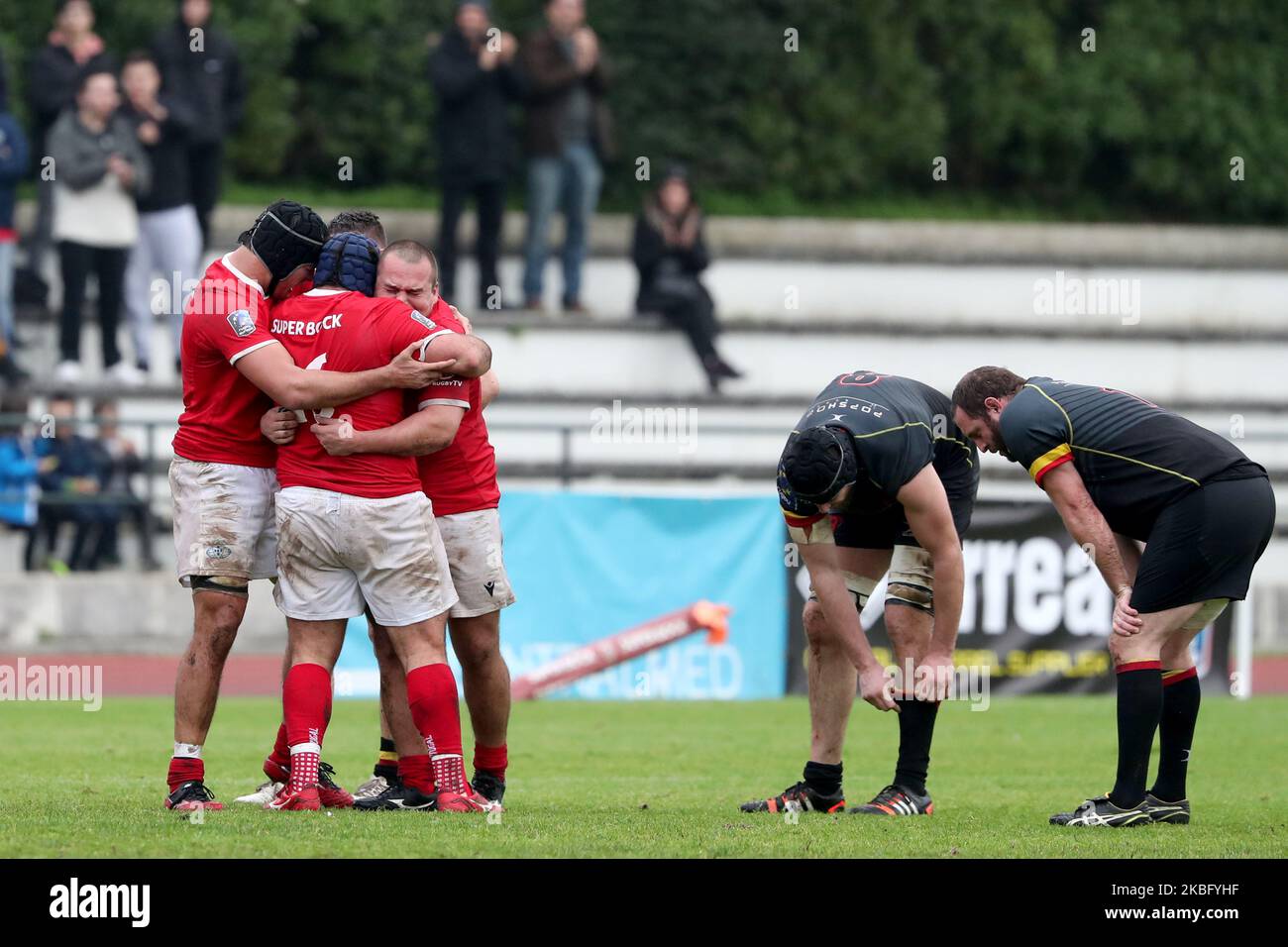 Portugal's players celebrate the victory after the Rugby Europe ...