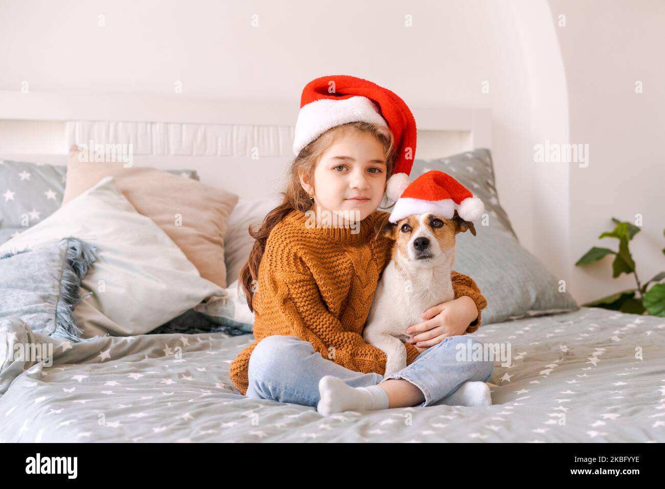 Happy little girl sitting on bed and hugging with dog jack russell in ...