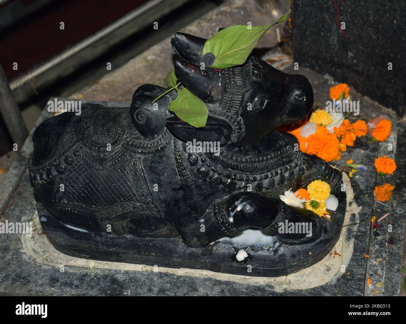Idol of Nandi the sacred bull of the Hindu god Shiva at a temple in ...